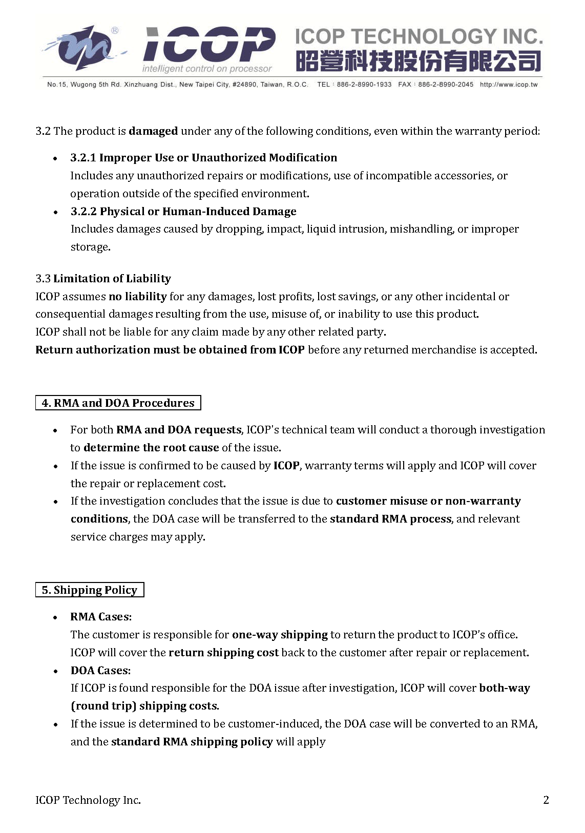 ICOP Product Warranty and DOA Terms